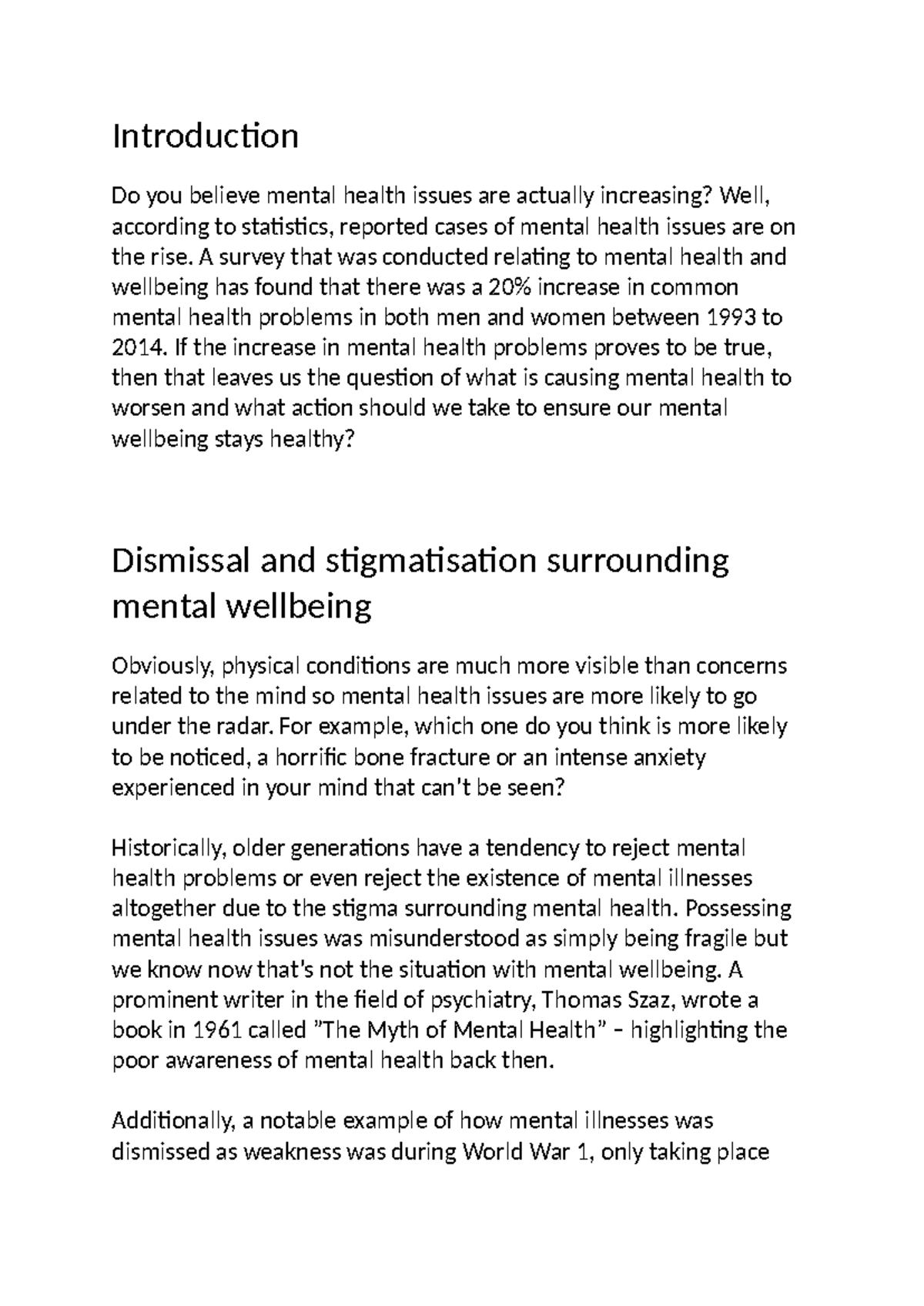 English Speech GCSE: The Rise of Mental Health Issues and Stigma - Studocu