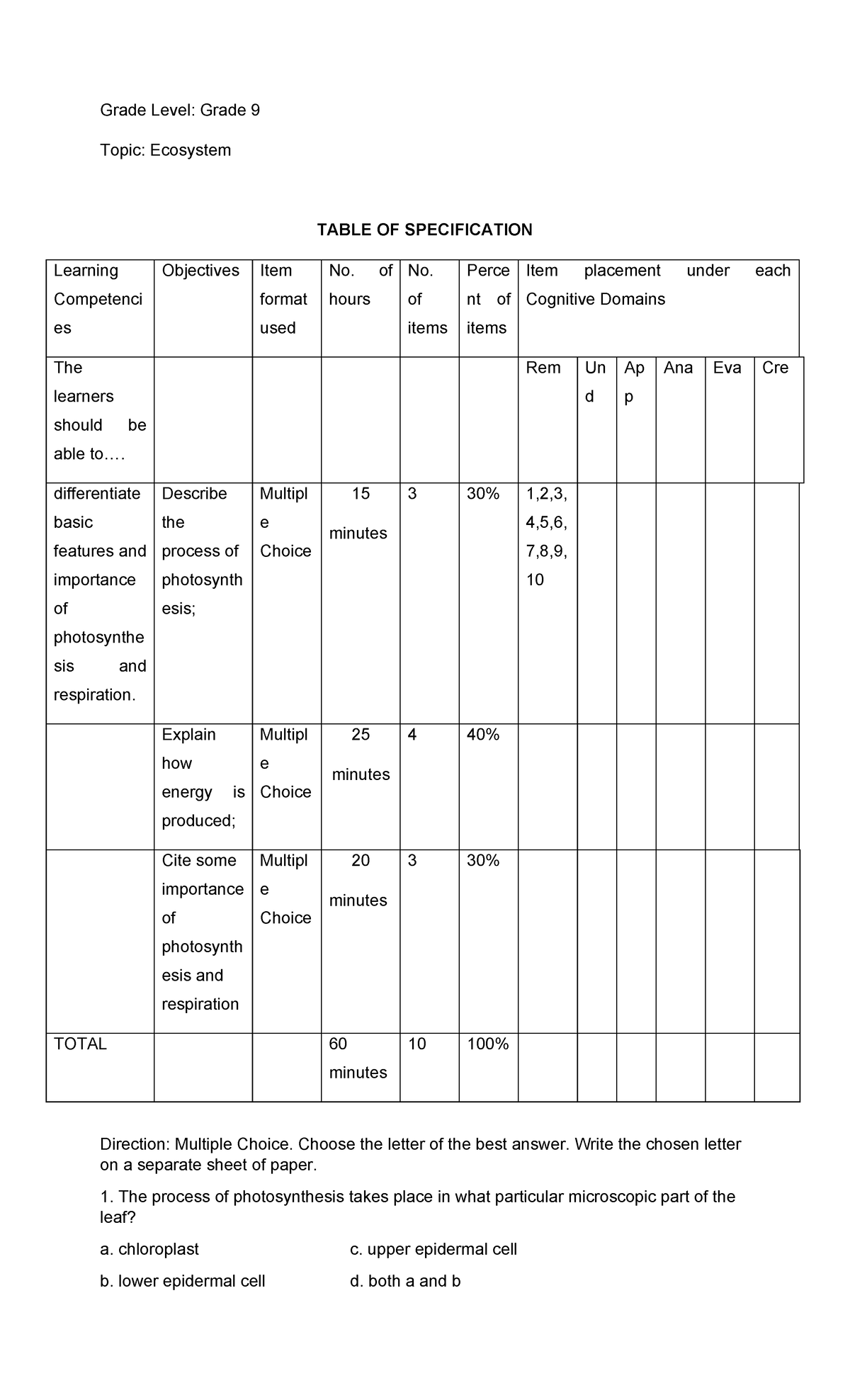 Quiz in Ecosystem (Grade 9) - Practice Materials - Studocu