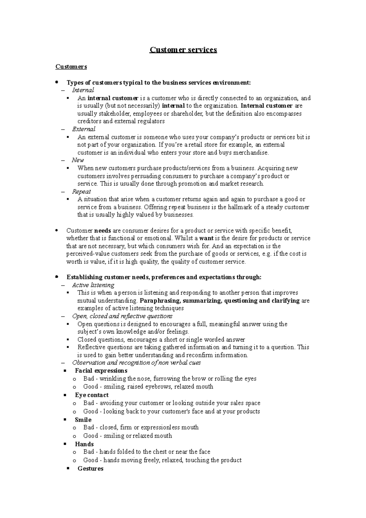 Business services notes - Customer services Customers Types of ...