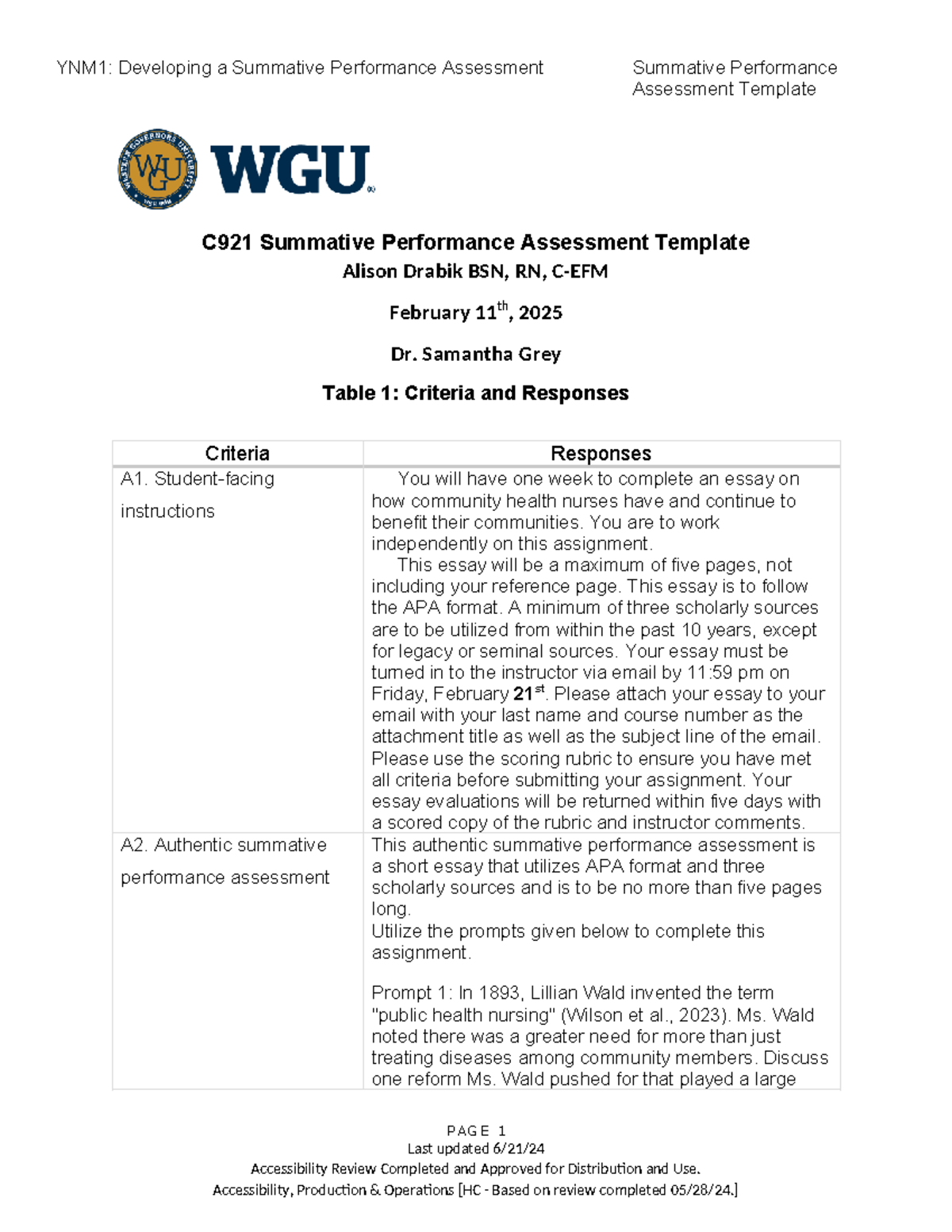 YNM1: Summative Performance Assessment Template for Community Health ...