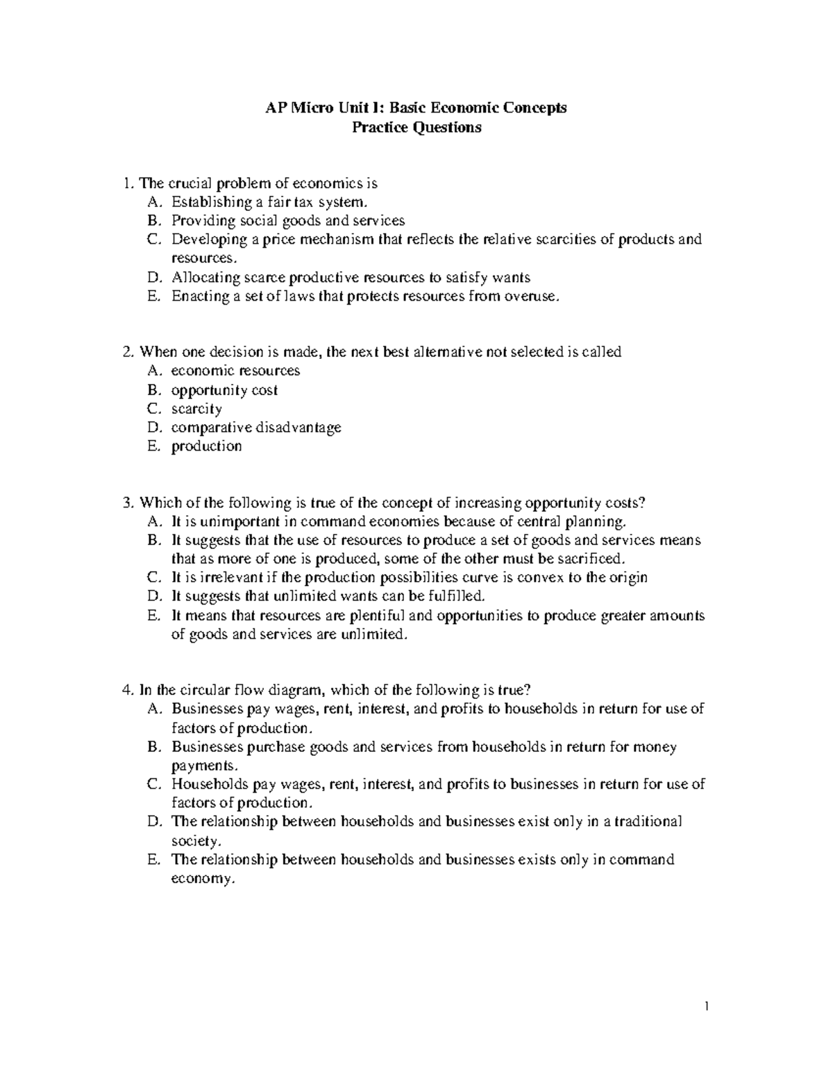 AP Micro Unit I: Basic Economic Concepts Practice Questions & Answers ...