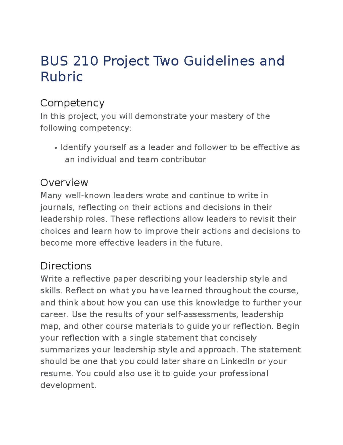 BUS 210 Project Two: Leadership Style Reflection Guidelines - Studocu