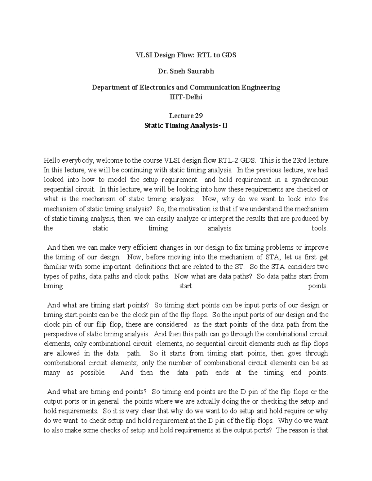 Static Timing Analysis in VLSI Design: Mechanisms & Computations (ECE ...