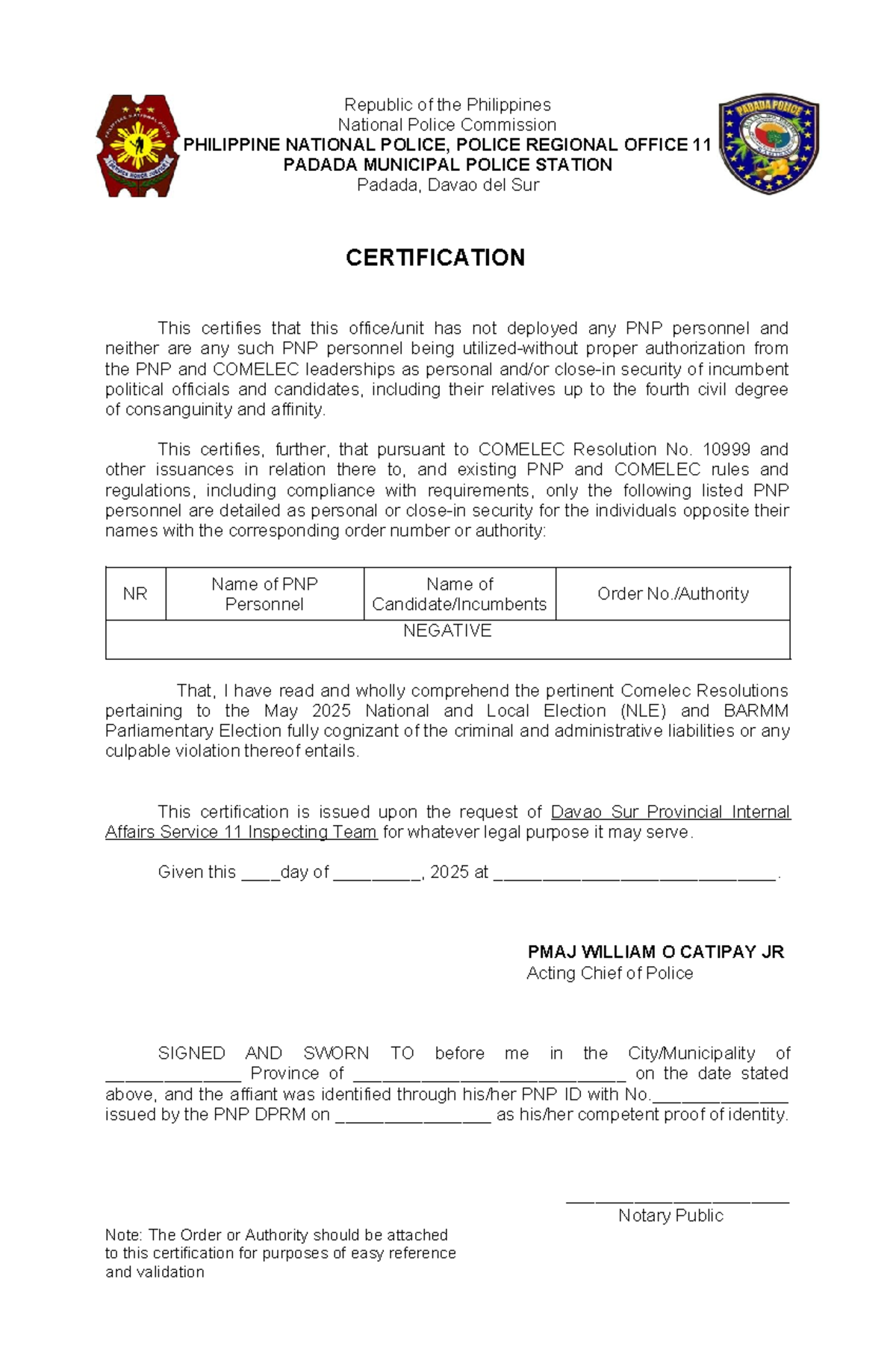 Template-of-Certification - Republic of the Philippines National Police ...