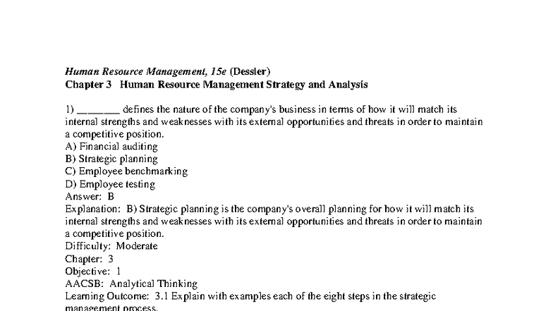 Human Resource Management, 15e (Dessler) Chapter 3: Strategy & Analysis ...