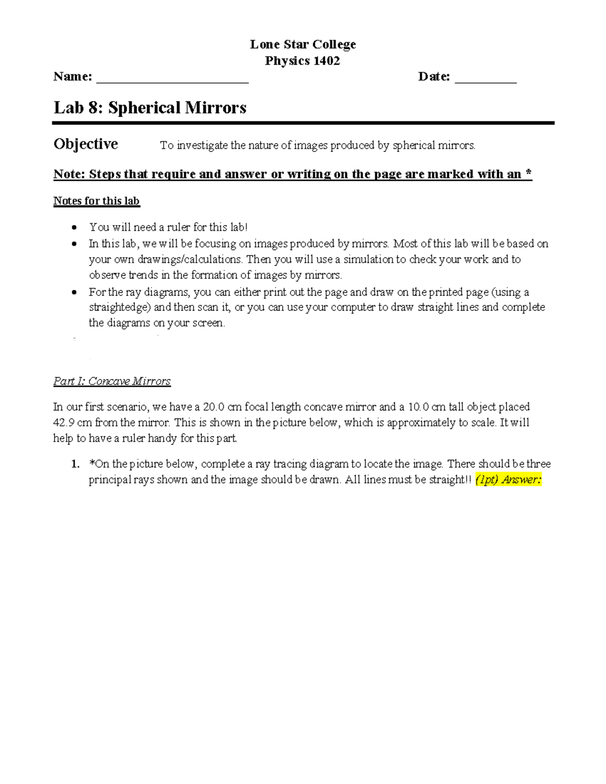 Lab 8 - Spherical Mirrors in Physics 14 02: Image Formation Analysis ...