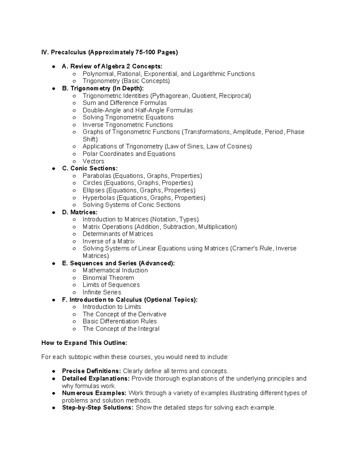 IV. Precalculus notes: Algebra, trigonometry, conic sections, and ...