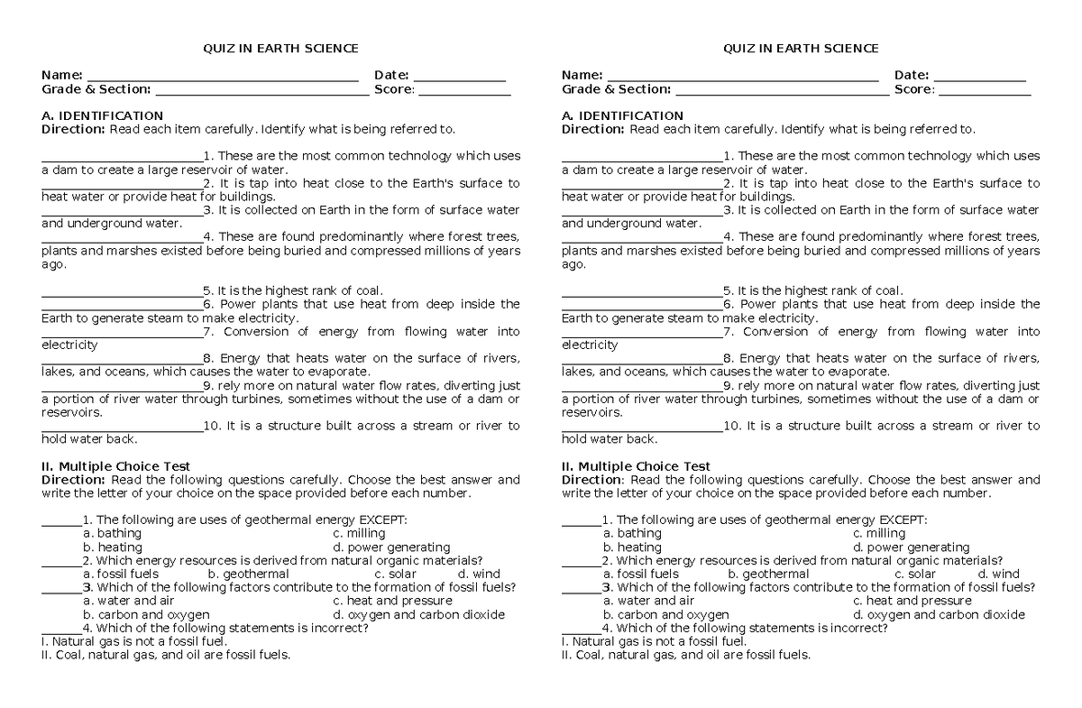 Energy Resources & Water: Earth Science Quiz - Studocu