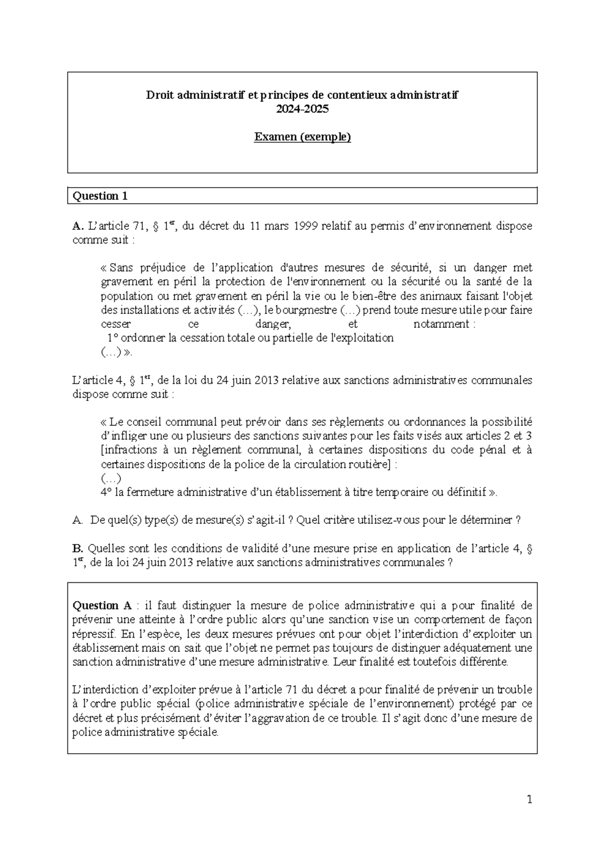 Examen fictif admin 2024 - Droit administratif et principes de ...