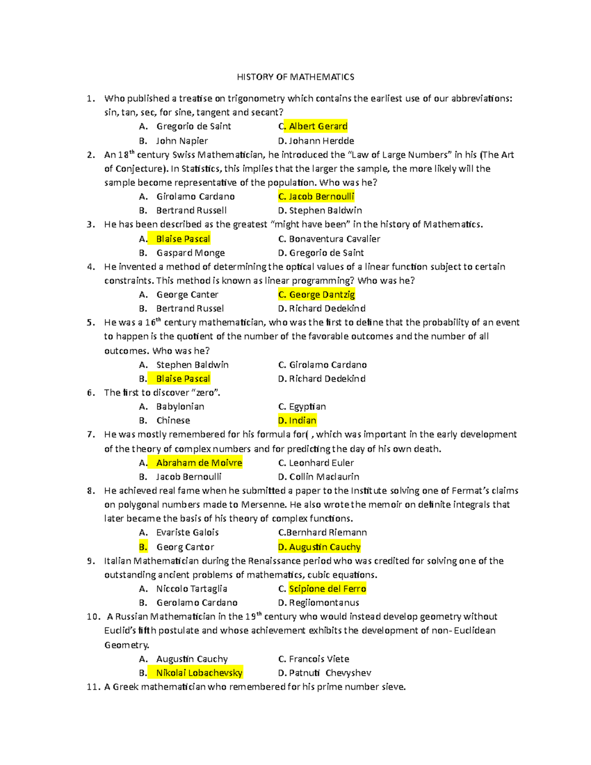 History of Mathematics -Questions with Answer - HISTORY OF MATHEMATICS ...