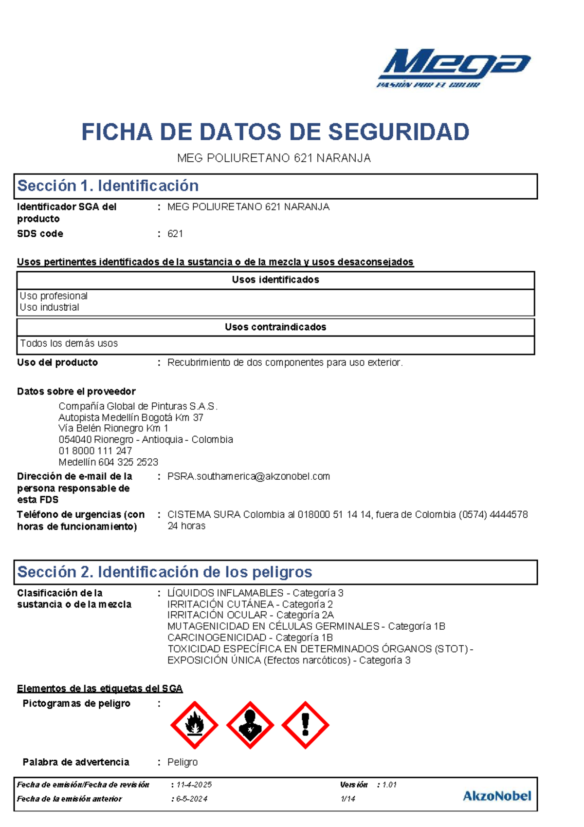 Hoja de Datos de Seguridad (SDS) MEG Poliuretano 621 Naranja - Studocu