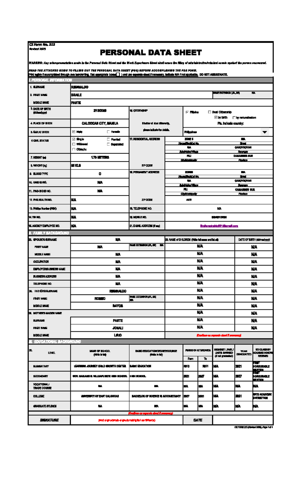 CS Form No. 212 Revised 2025: Personal Data Sheet Guide - Studocu