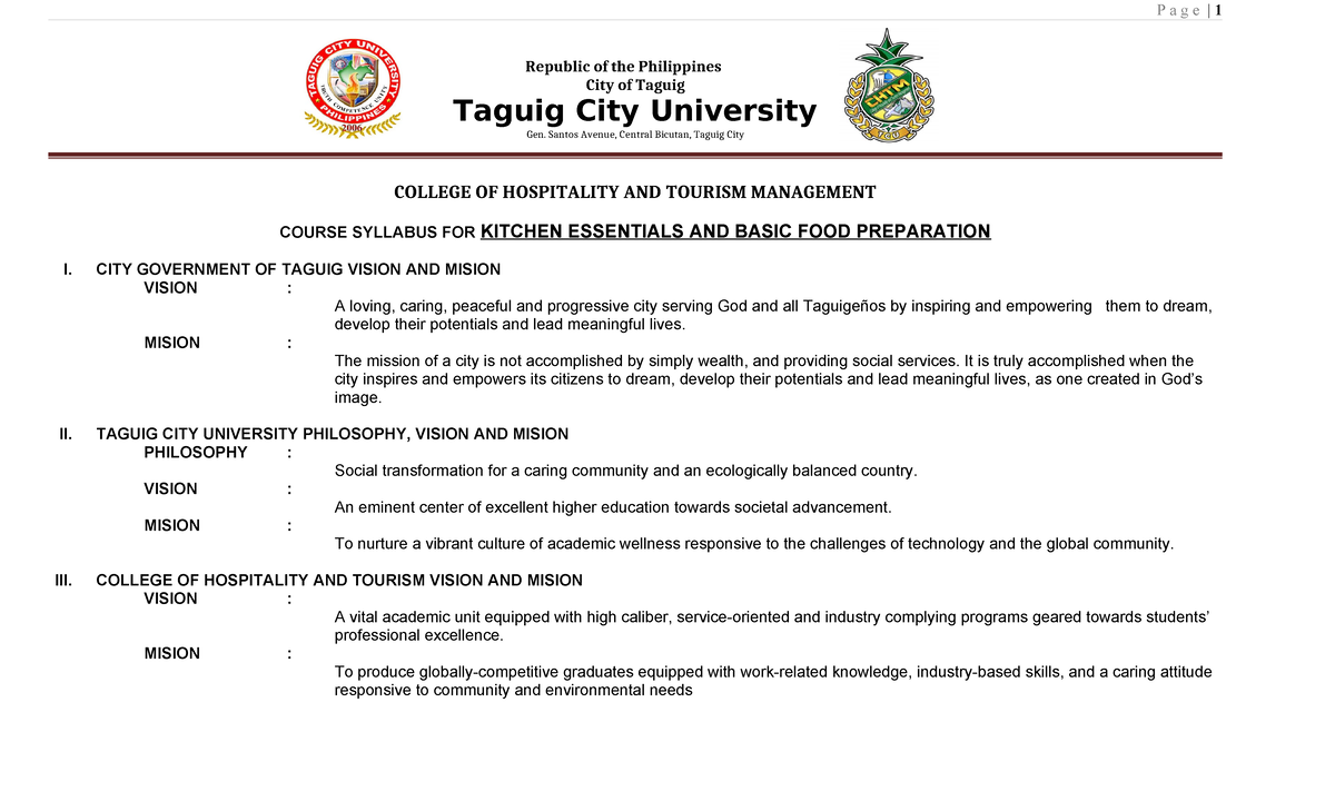 Kitchen Essentials and Basic Food Prep Syllabus - HPC 1 - Studocu