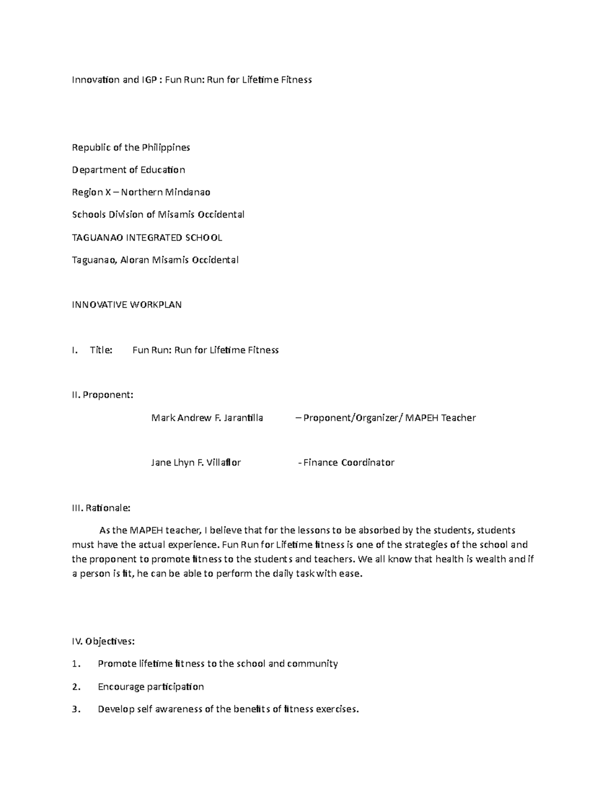 FUN RUN Project Proposal: Aiming for Lifetime Fitness Collaboration ...