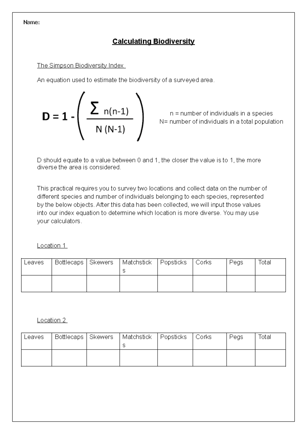 Calculating Biodiversity Worksheet - Calculating Biodiversity The ...