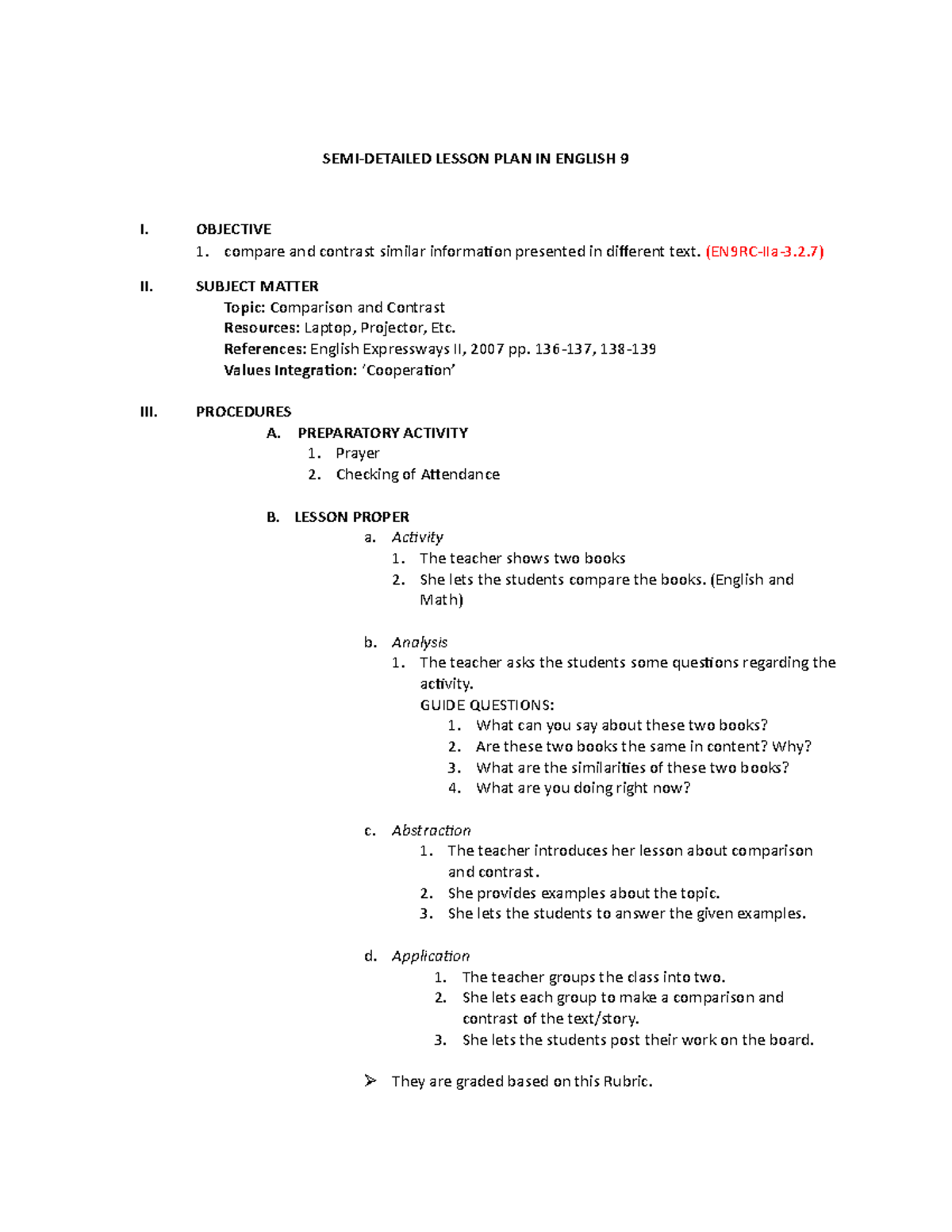 Semi-Detailed Lesson Plan in English 9: Comparison and Contrast - Studocu