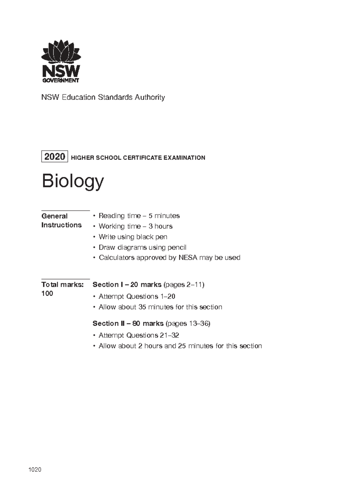 2020 HSC Biology Exam - General Instructions and Questions - Studocu