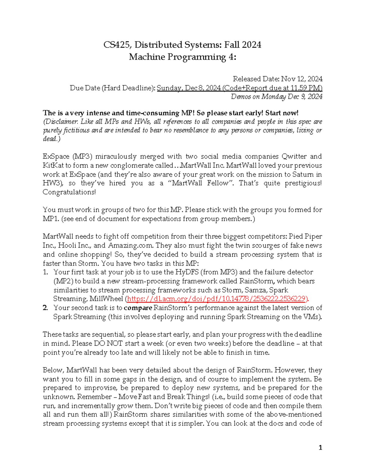 MP4 - CS425 Machine Programming 4: Designing RainStorm Framework - Studocu