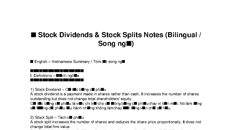 Stock Dividends & Splits Notes (Bilingual: Eng-Viet) - Studocu