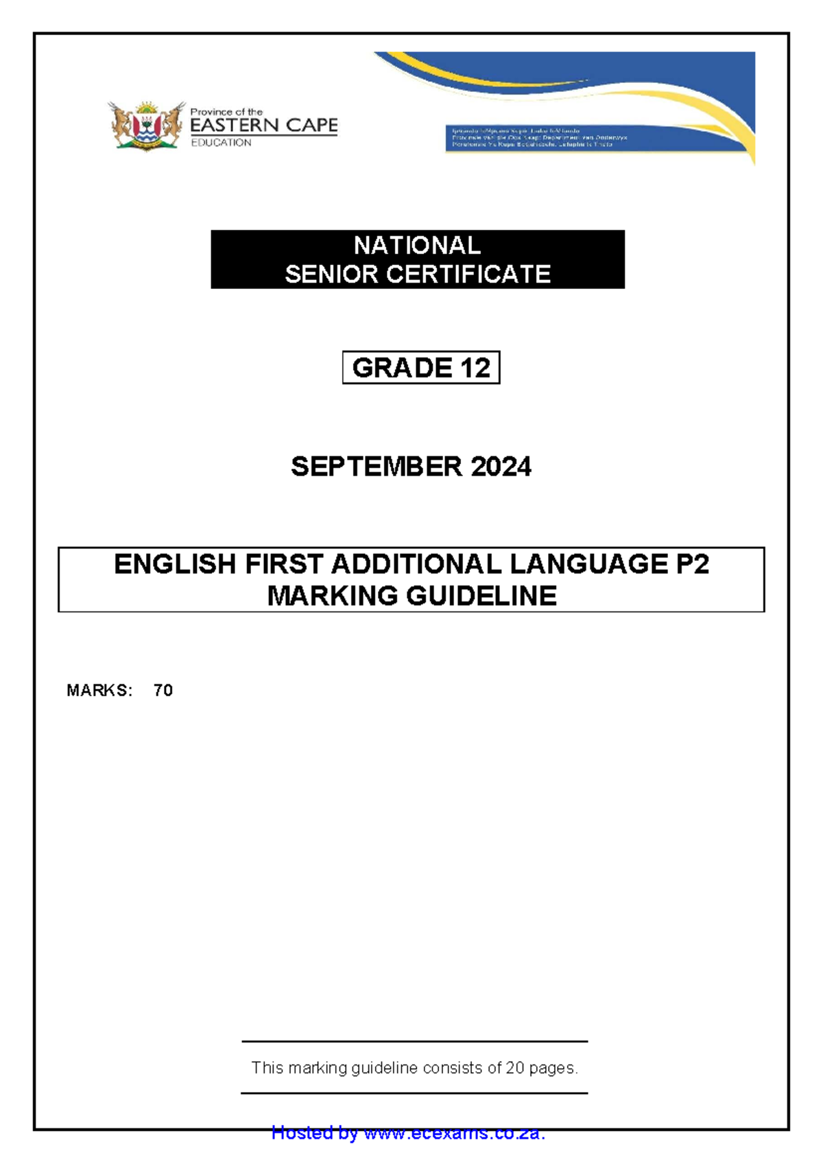 English FAL P2 Marking Guidelines - Grade 12 September 2024 - Studocu