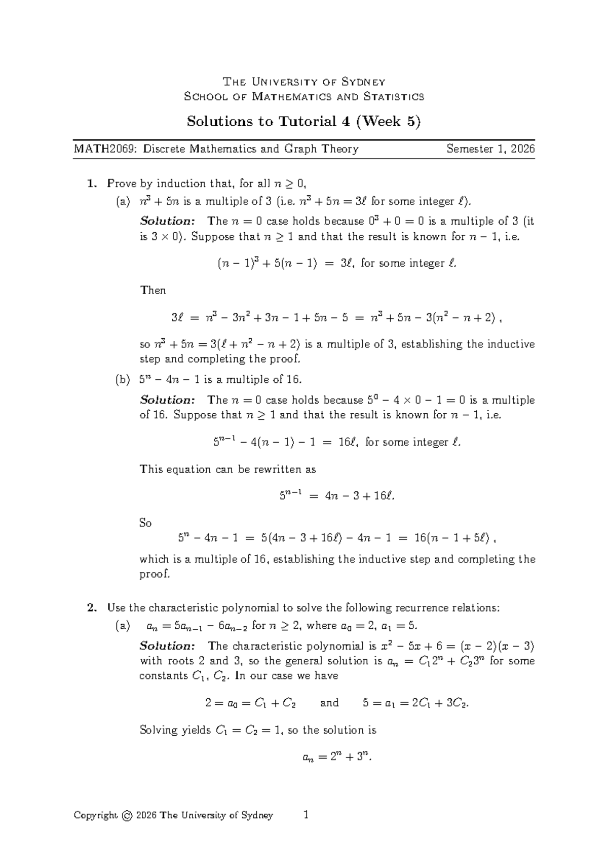 MATH2069: Solutions to Tutorial 4 (Week 5) - Discrete Mathematics - Studocu