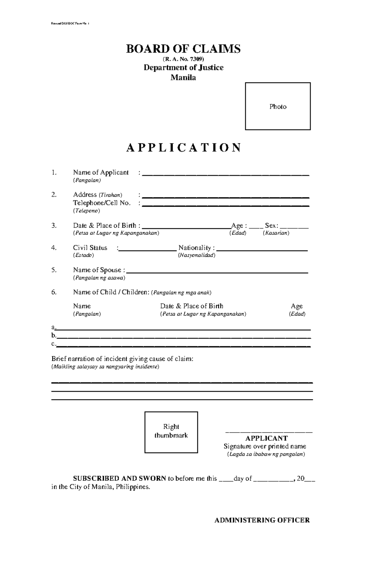 Revised BOC Application Form - DOJ R.A. No. 7309 Submission Guide - Studocu