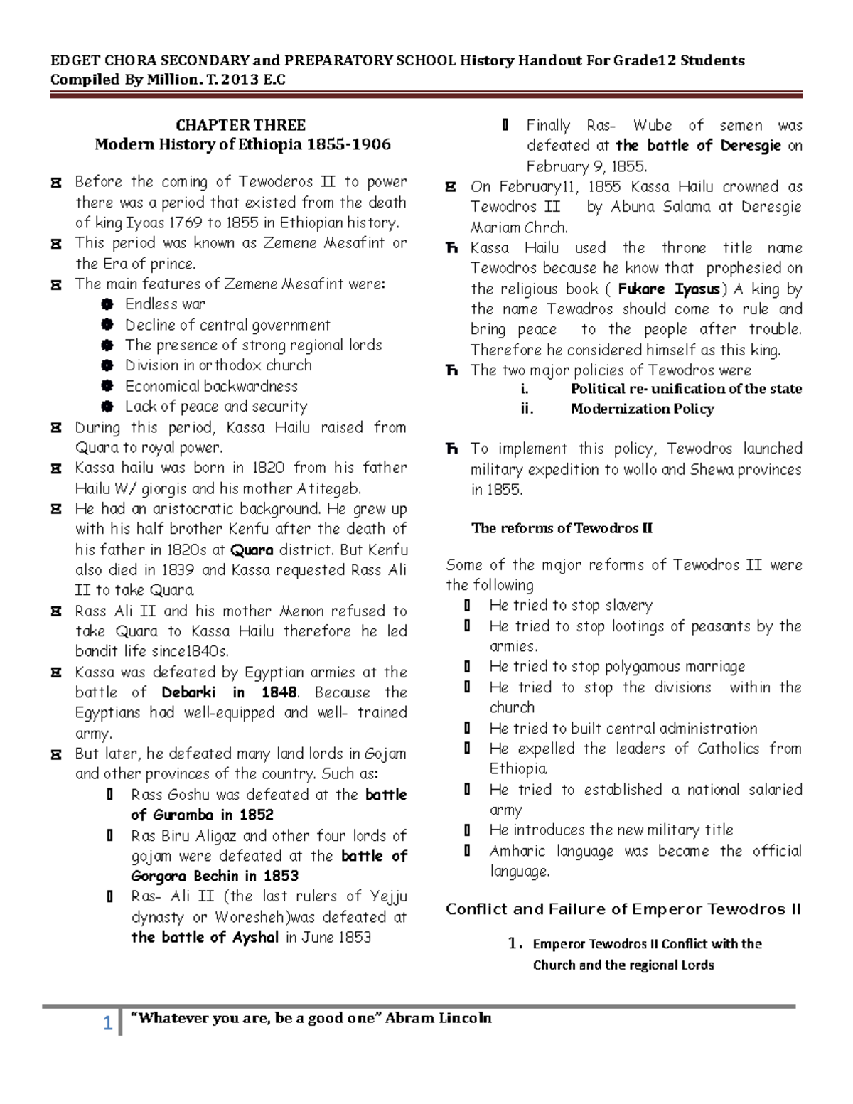 History Grade 12 Handout: Modern Ethiopia (Chapter 3) - Studocu