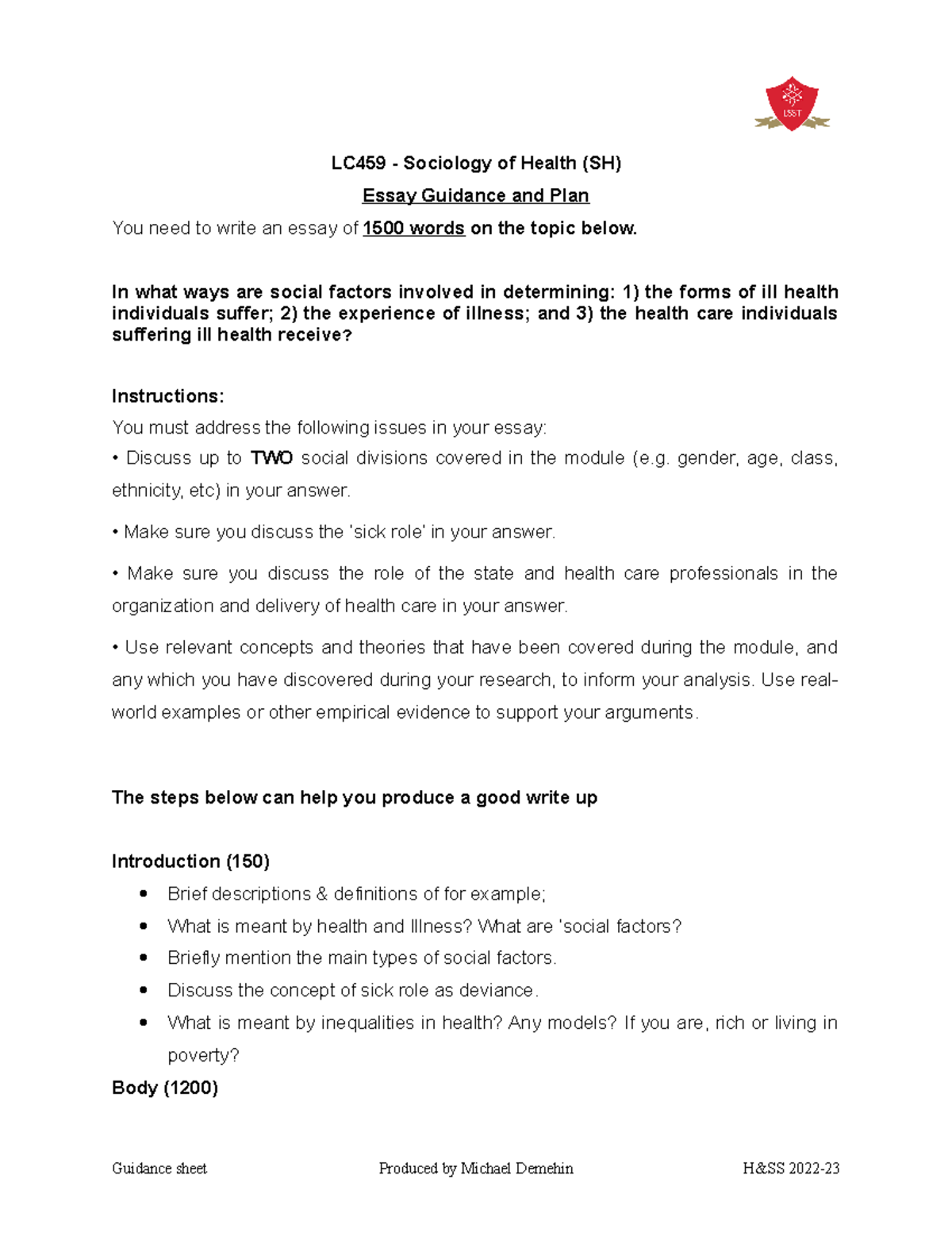 Sociology of Health Assignment Guide (1) - LC459 - Sociology of Health ...
