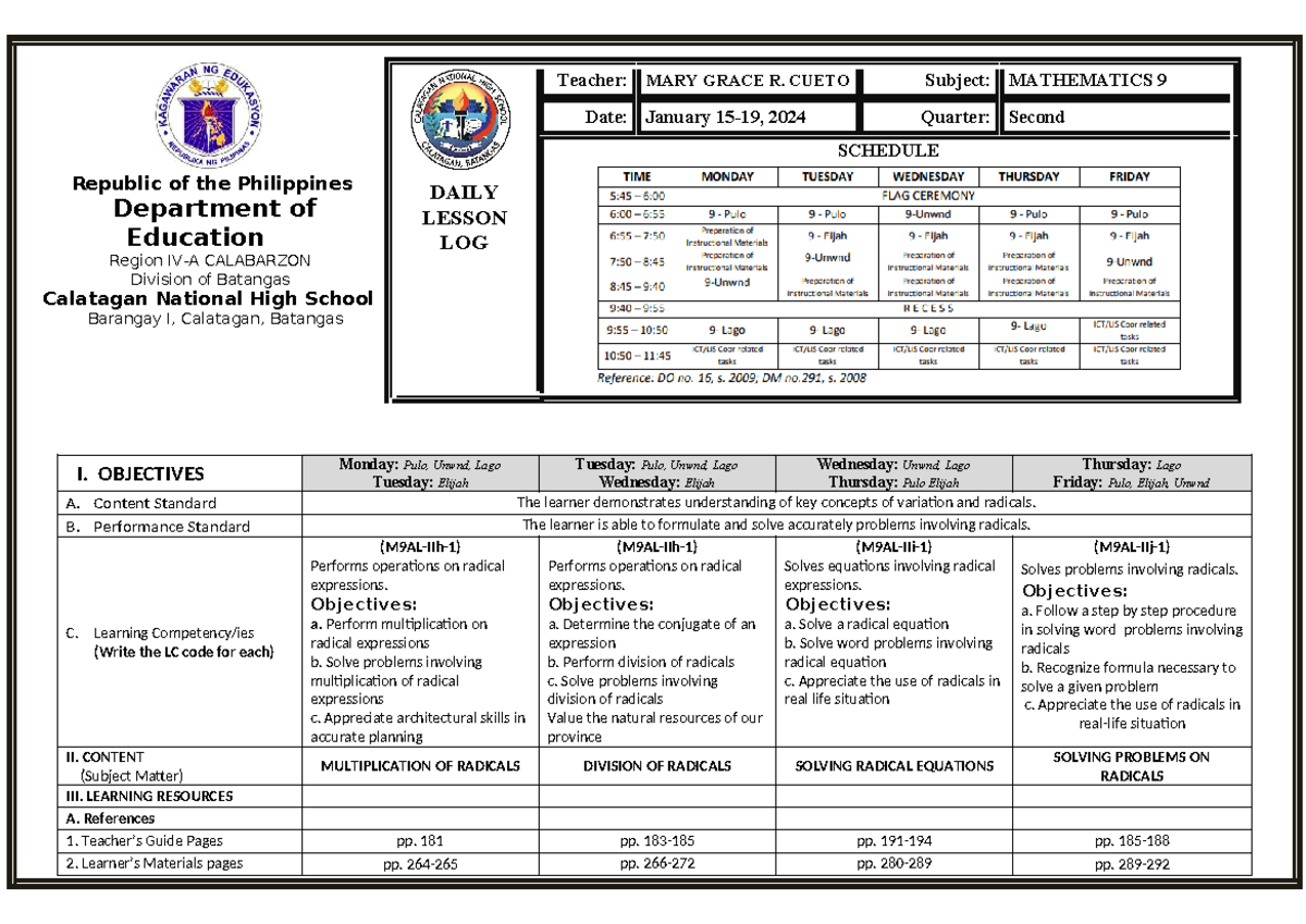 Mathematics 9 Q2 Lesson Log: Multiplication of Radical Equations - Studocu