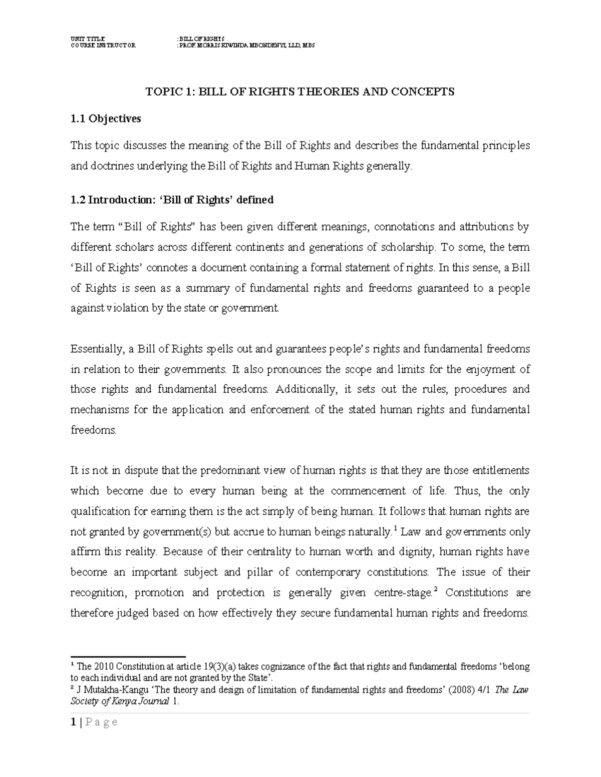 BILL OF RIGHTS: THEORIES & CONCEPTS (LAW 101) - PROF. KIWINDA - Studocu