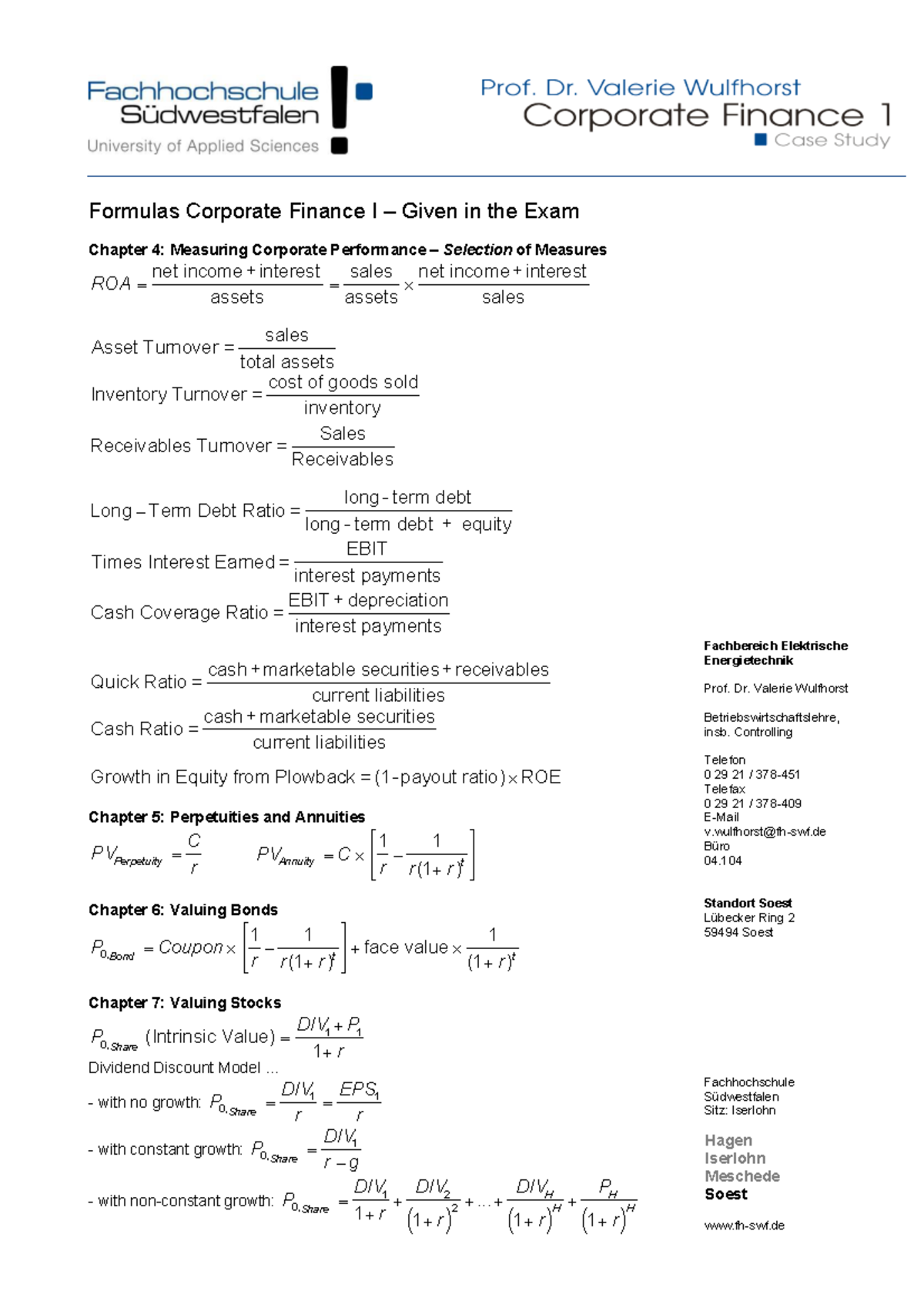 CF I Exam Formulas: Measuring Corporate Performance & Valuation - Studocu