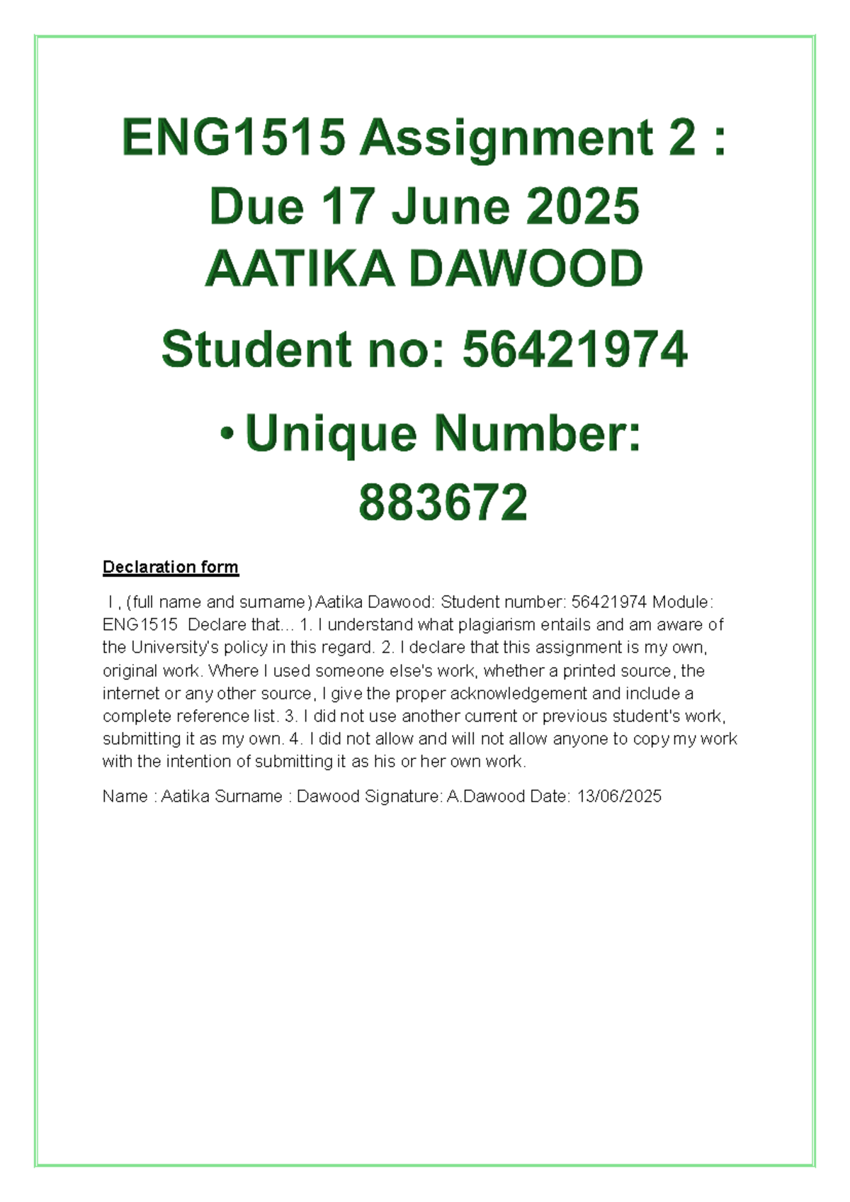 ENG1515 Assignment 2: Plagiarism Declaration and Analysis - Studocu