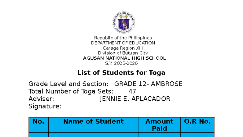 AGUSAN NATIONAL HIGH SCHOOL Toga List for Grade Ambrose S.Y. 2025-2026 ...