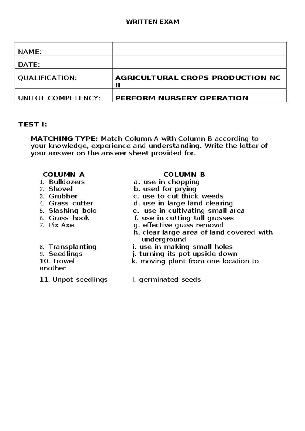 COC2 ACP2 Written Exam: Agricultural Crops Production Knowledge ...