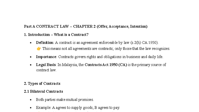 CONTRACT LAW CHAPTER 2: Offer, Acceptance, and Intention (CA 1950 ...
