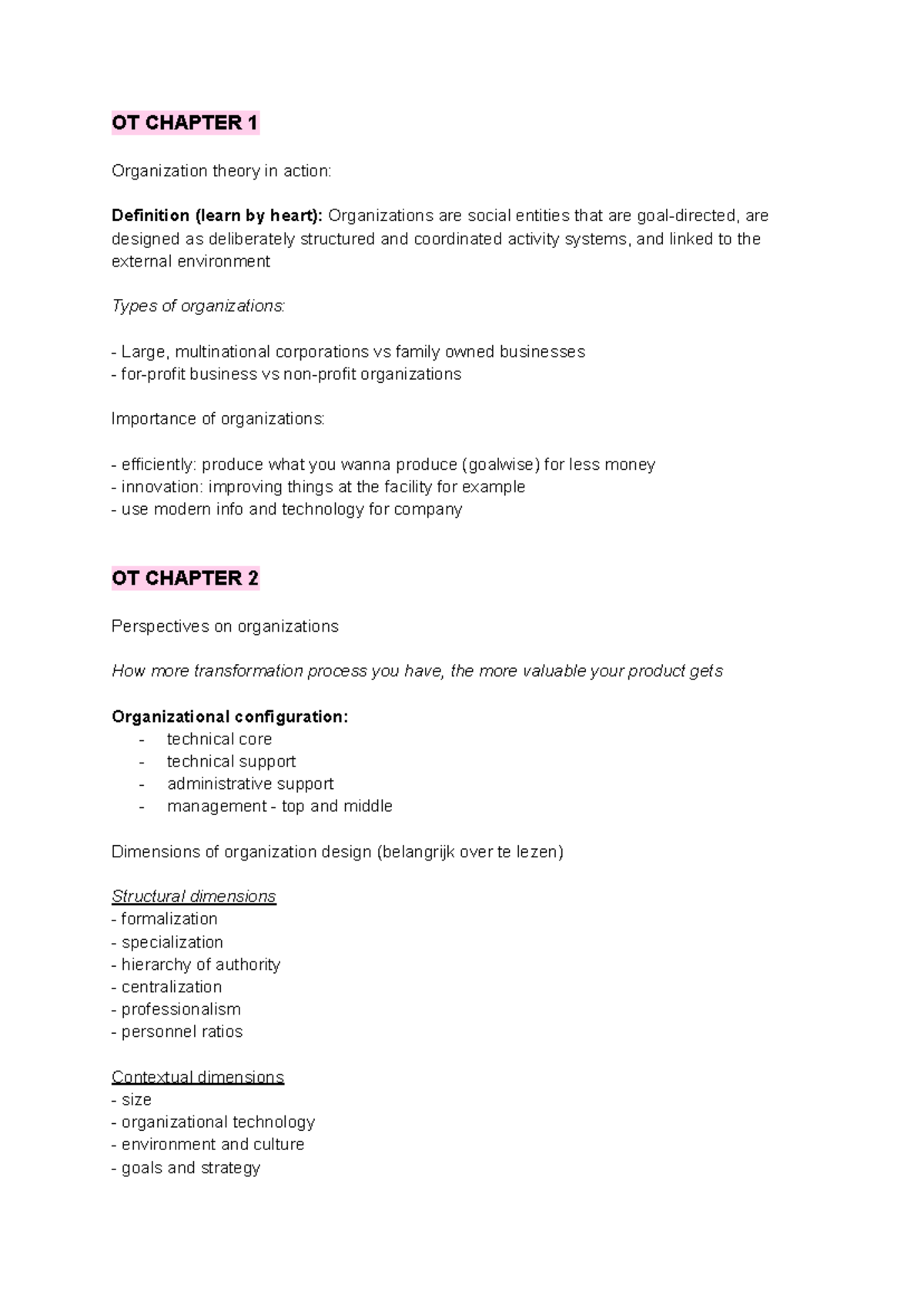 OT Class Notes: Organization Theory Overview and Key Concepts - Studeersnel