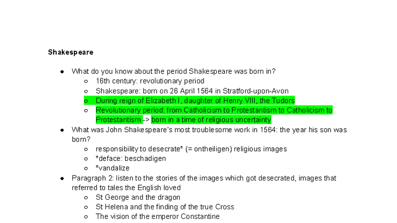 ENG 101: Shakespeare's Birth and the Elizabethan Context - Studocu