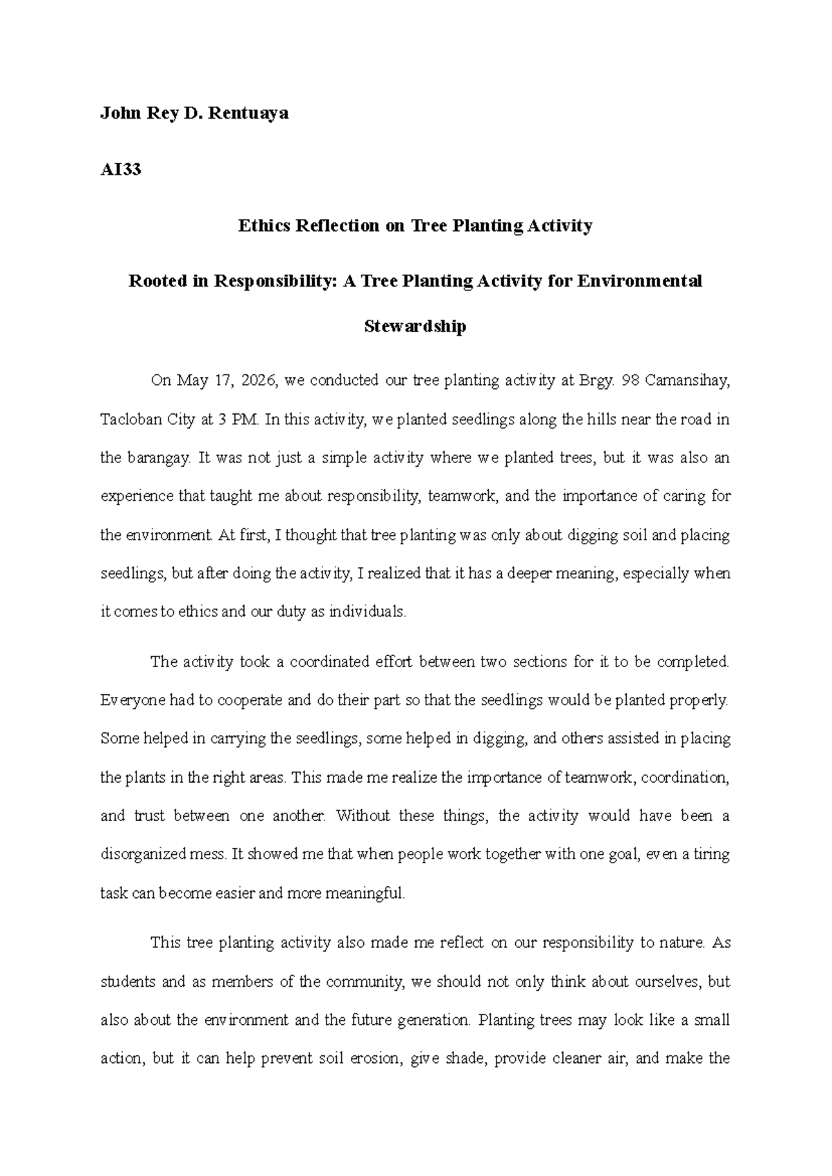 AI33 Ethics Reflection: Insights from the Tree Planting Activity - Studocu
