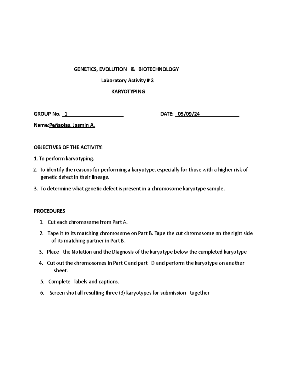 Genetics Lab Activity #2: Karyotyping Procedures & Objectives - Studocu
