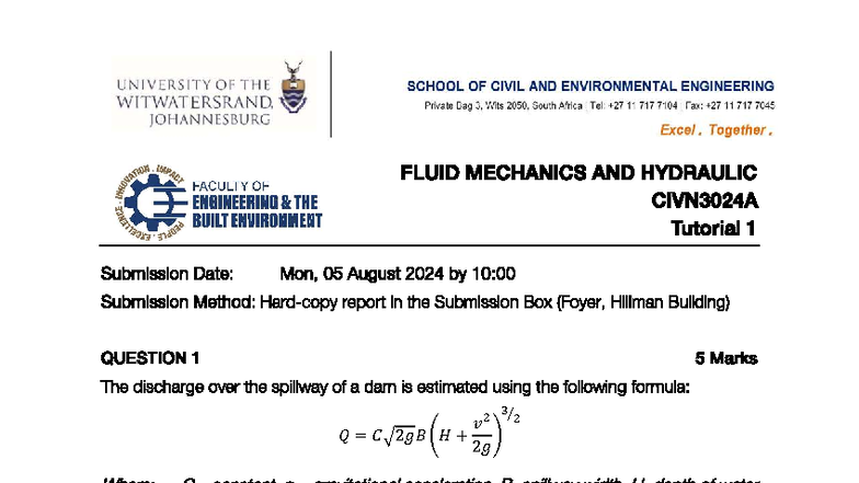 CIVN3024A - Fluid Mechanics Tutorial 1 Submission Guide - Studocu