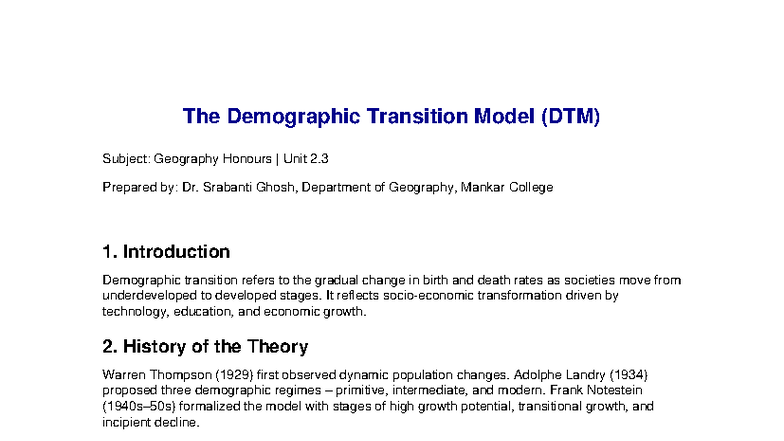 Demographic Transition Model (DTM) Notes - Geography Honours Unit 2.3 ...