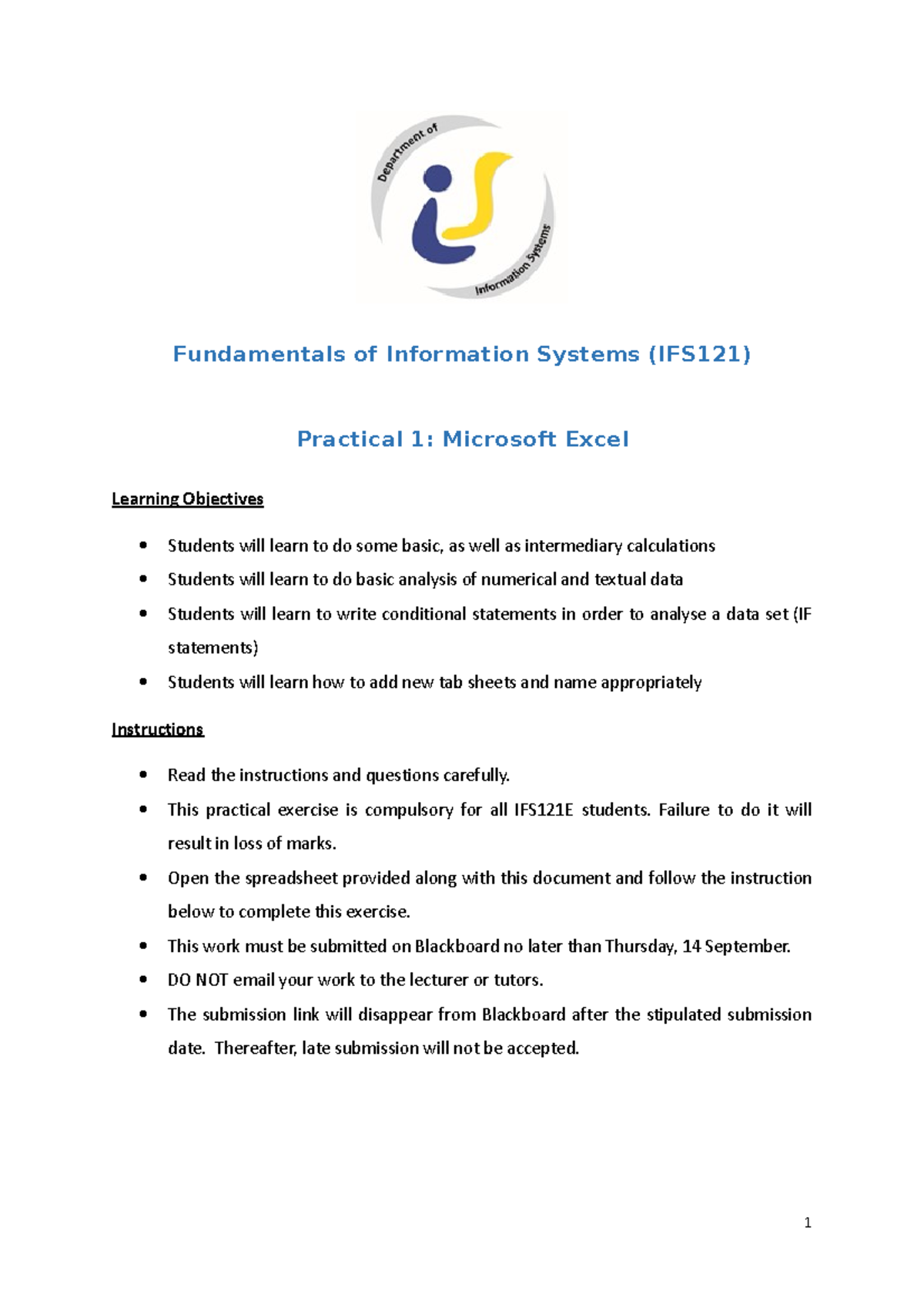IFS 121 Practical 1: Excel Instructions & Analysis Guide - 2023 - Studocu