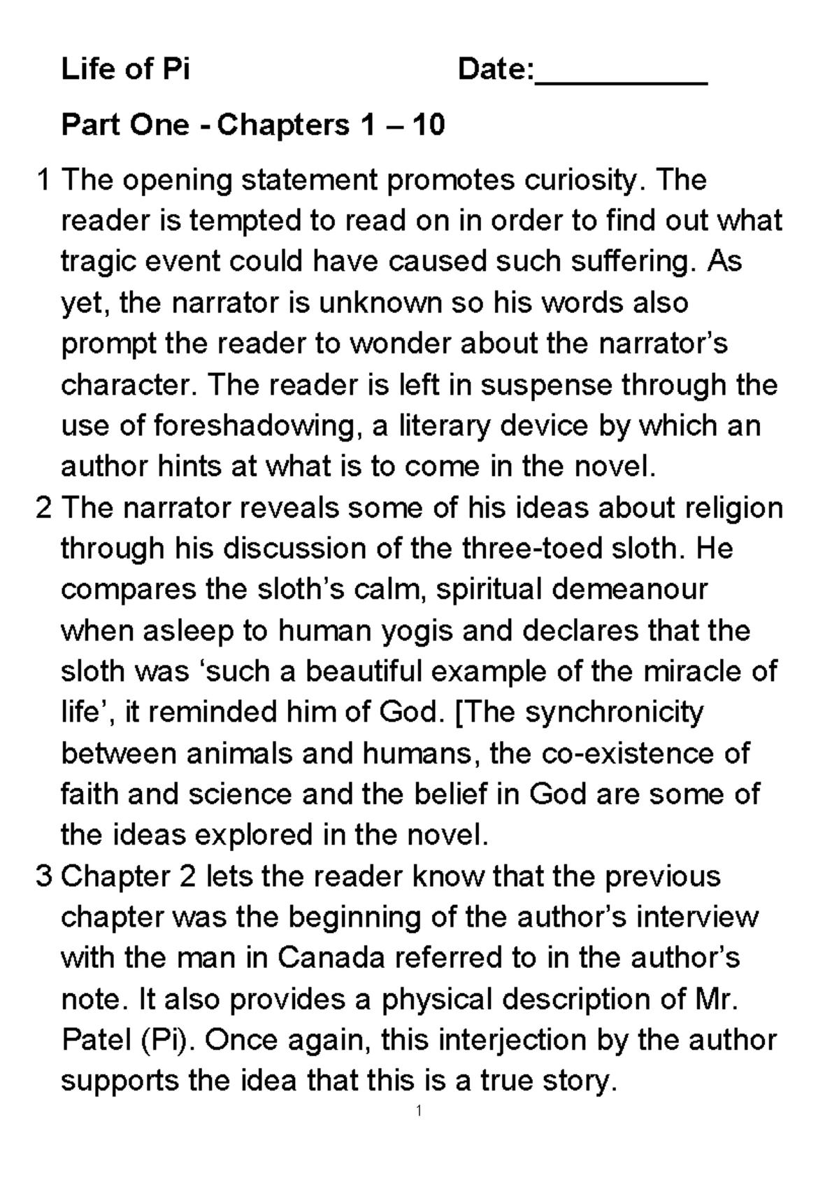 Life of Pi - Chapter Questions & Analysis Notes (Lit 101) - Studocu