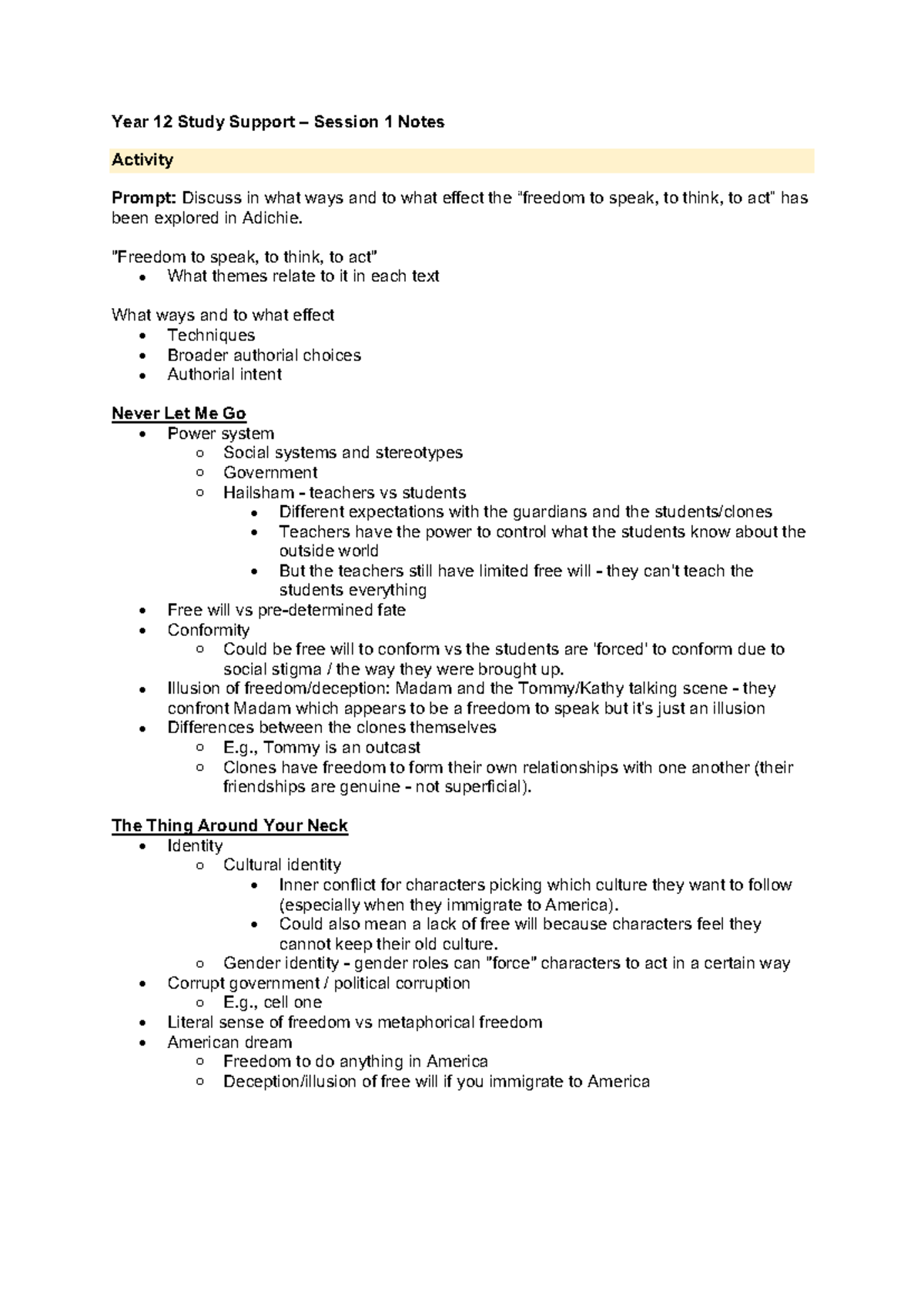 Year 12 English Study Support: Session 1 Notes on Adichie & Ishiguro ...