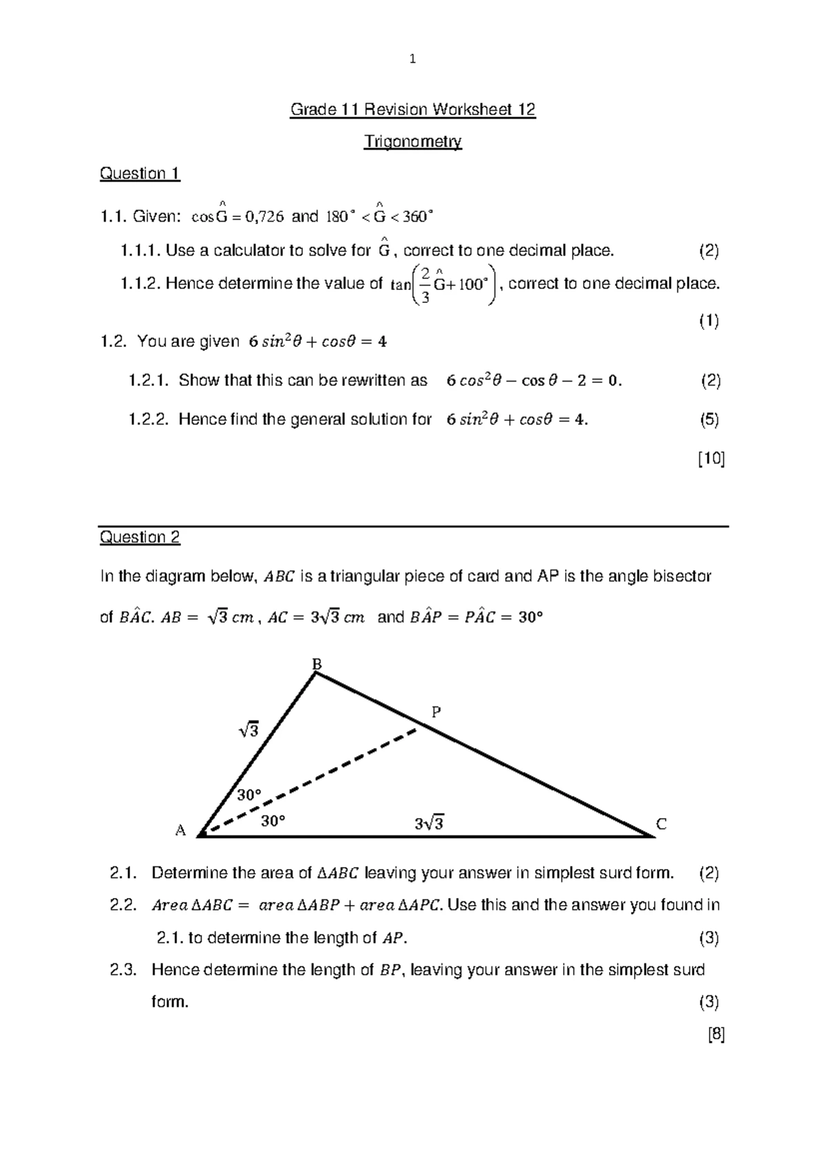 Grade 11 Trig Revision Worksheet 11: Problem Solutions and Explanations ...