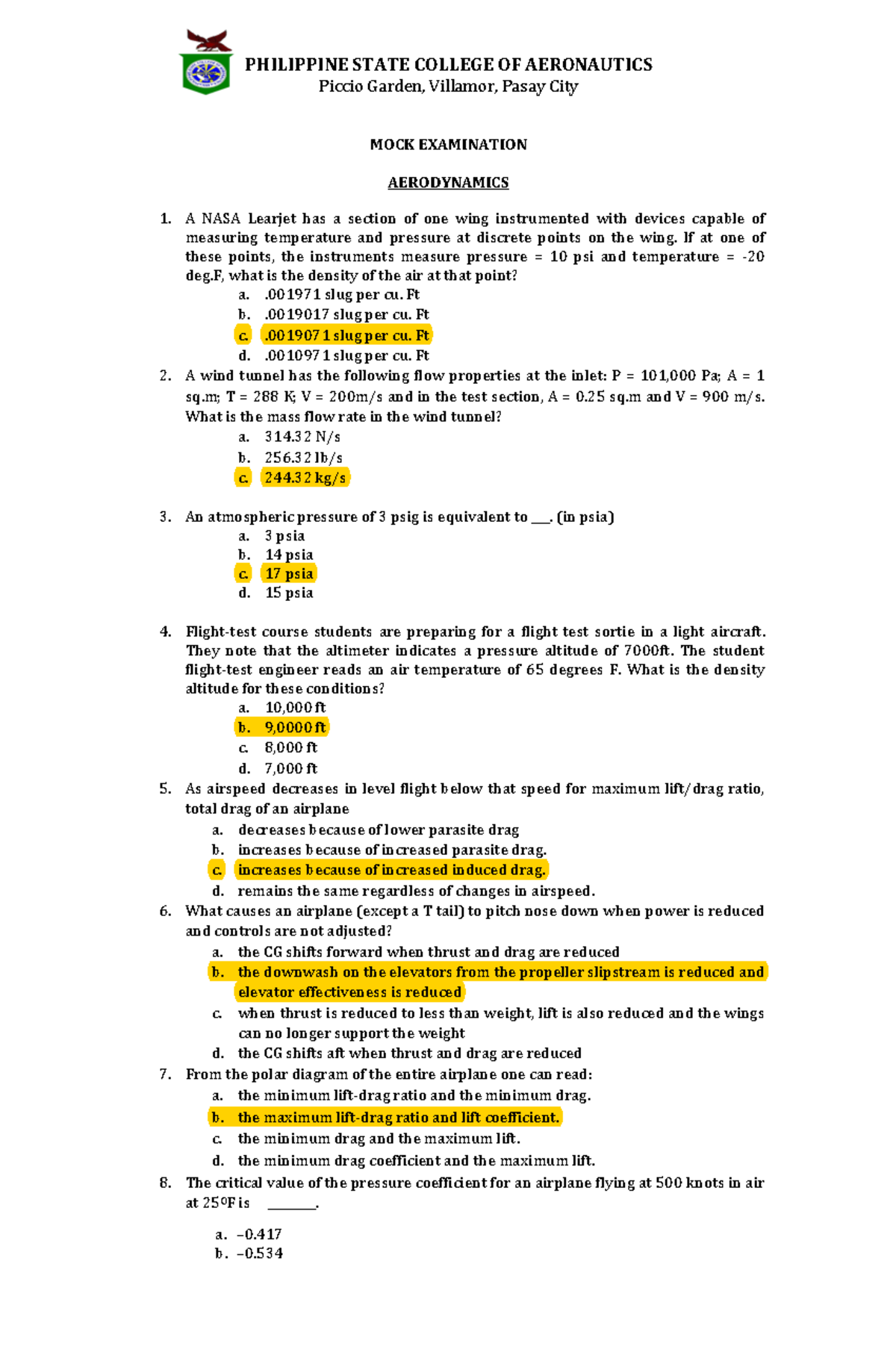 Aerodynamics MOCK EXAM - AER 101: Flight Dynamics Practice - Studocu