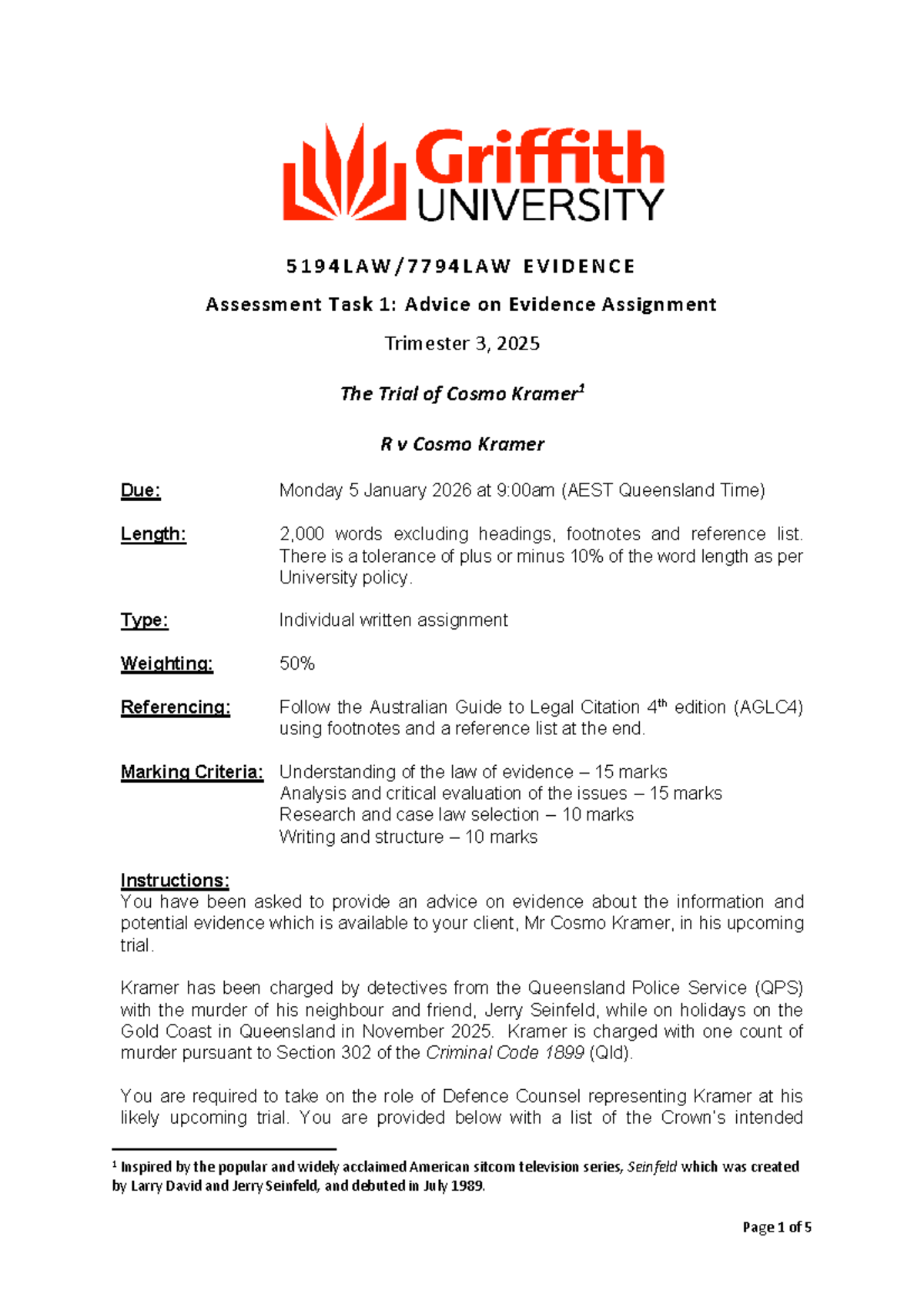 EVIDENCE Assignment: Advice on Evidence for R v Cosmo Kramer (T3 2025 ...
