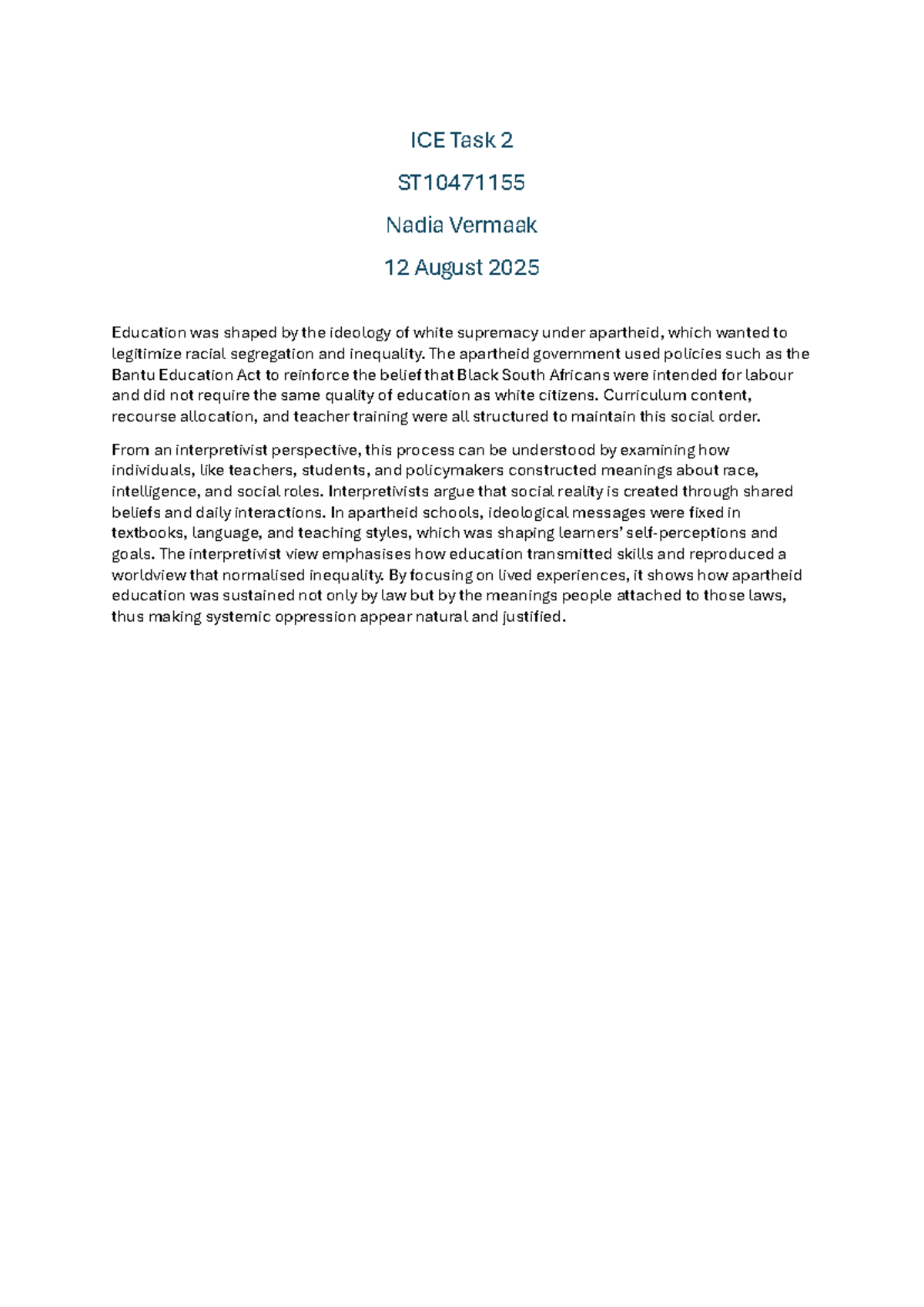 ICE Task 2: The Impact of Apartheid on Education (ST10471155) - Studocu