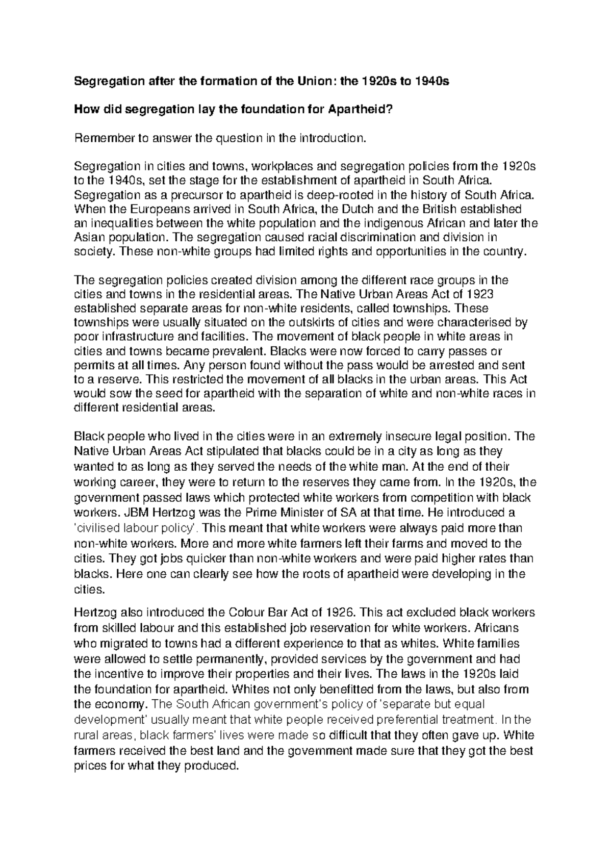 Segregation Policies in South Africa: 1920s to 1940s and Apartheid ...