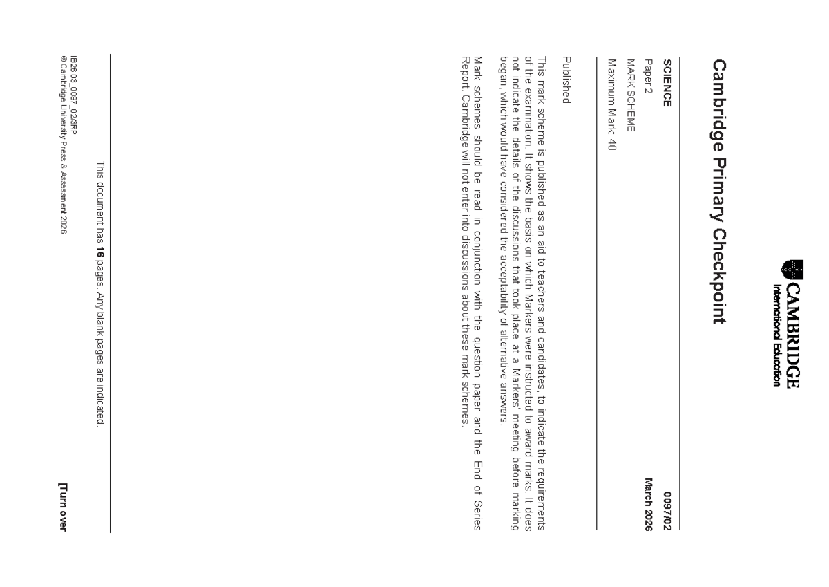 Cambridge Primary Checkpoint SCIENCE Paper 2 Mark Scheme - March 2026 ...